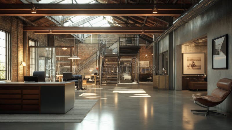 Industrial Loft Style Office Design with Exposed Brick Walls Stock Illustration - Illustration ...