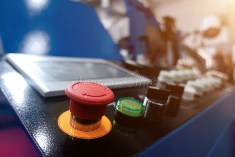 Industrial Machine Control Panel with Red Button. Shallow Depth of ...