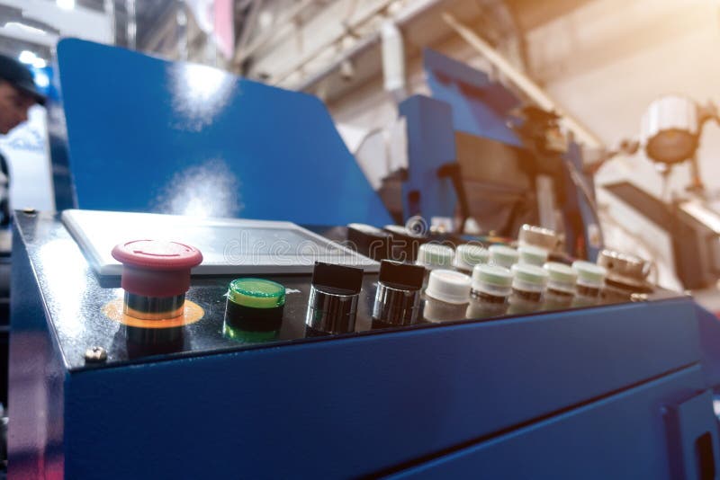 Industrial Machine Control Panel with Red Button. Shallow Depth of ...