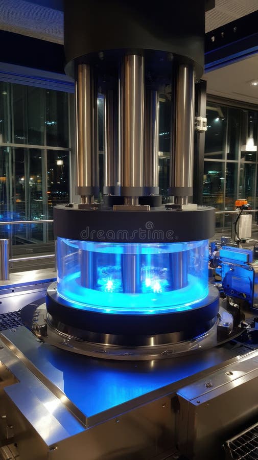 Industrial Machine with Illuminated Cylinder, Metallic Pillars, and ...