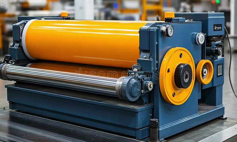 Industrial Machine with Orange and Dark Gray Components. Large Rollers ...