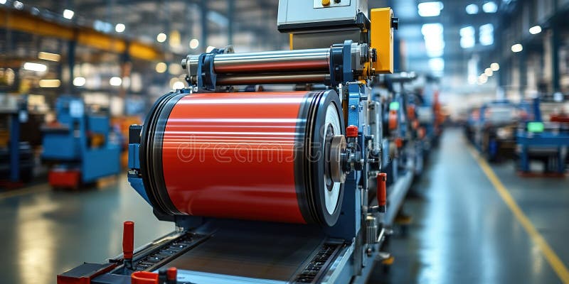 Industrial Machine Processes Red Material in a Large Manufacturing ...