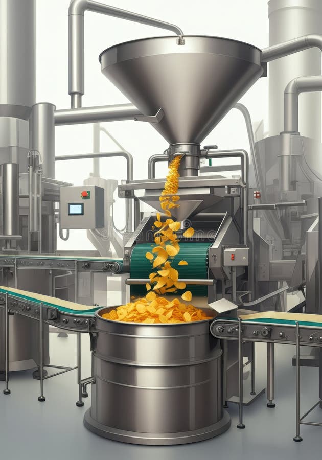 Industrial Machine Processing Potato Chips in a Modern Factory Setting ...