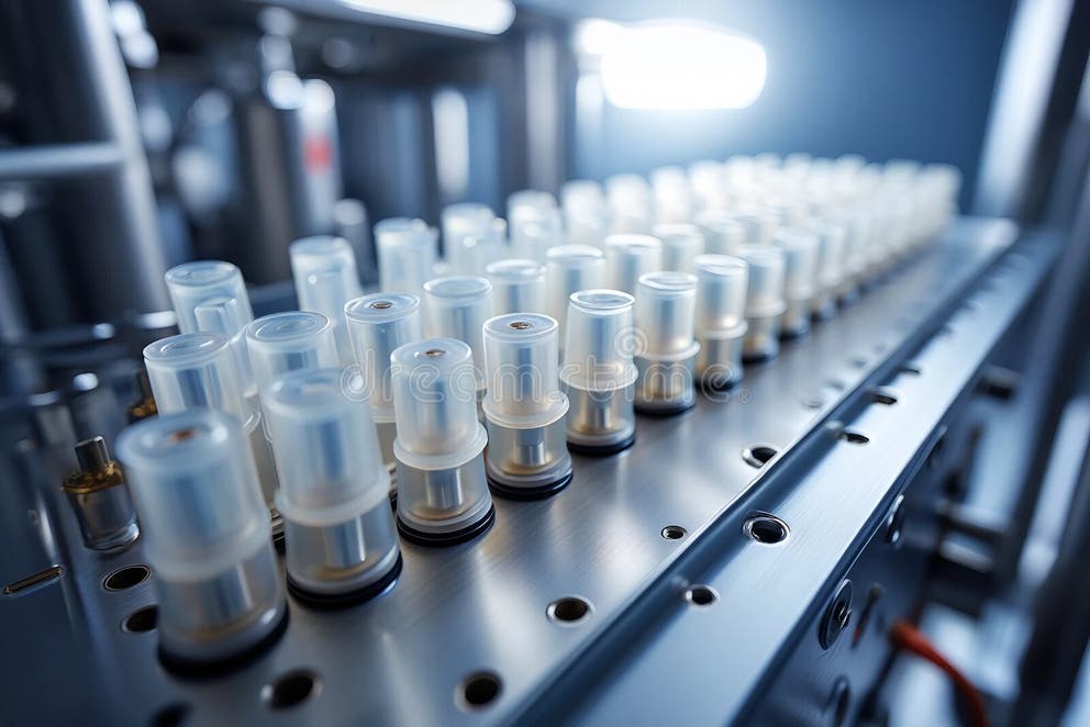 Industrial Machine with Rows of Clear Plastic Components Manufacturing Technology Stock ...