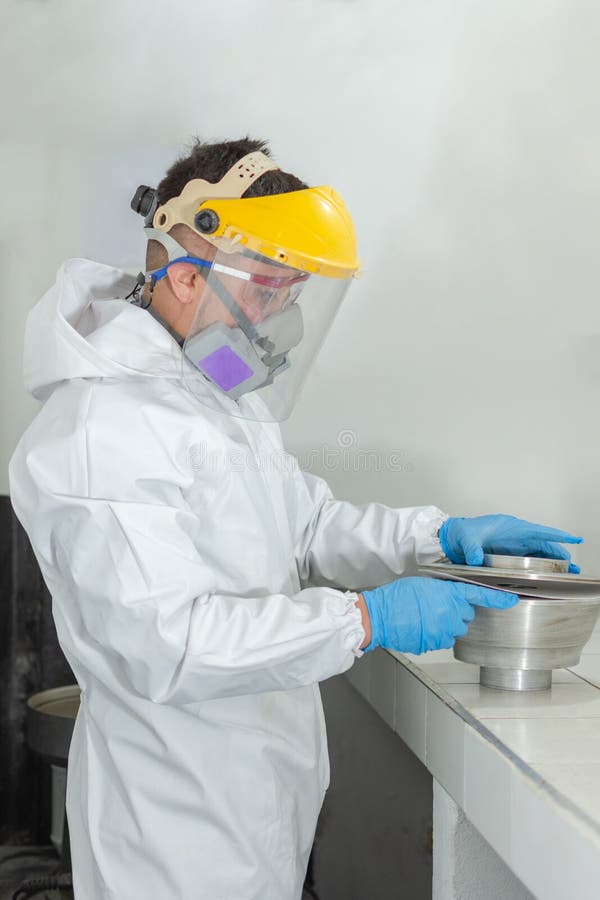 Industrial Man Worker in White Protective Overalls Goggles, Mask Stock ...