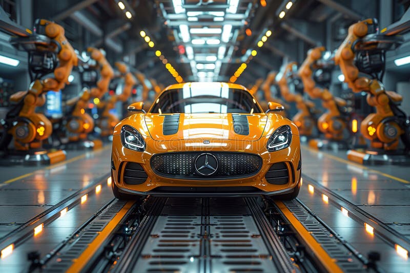 Industrial Manufacturing Robots Working in a Factory Assembly Line ...