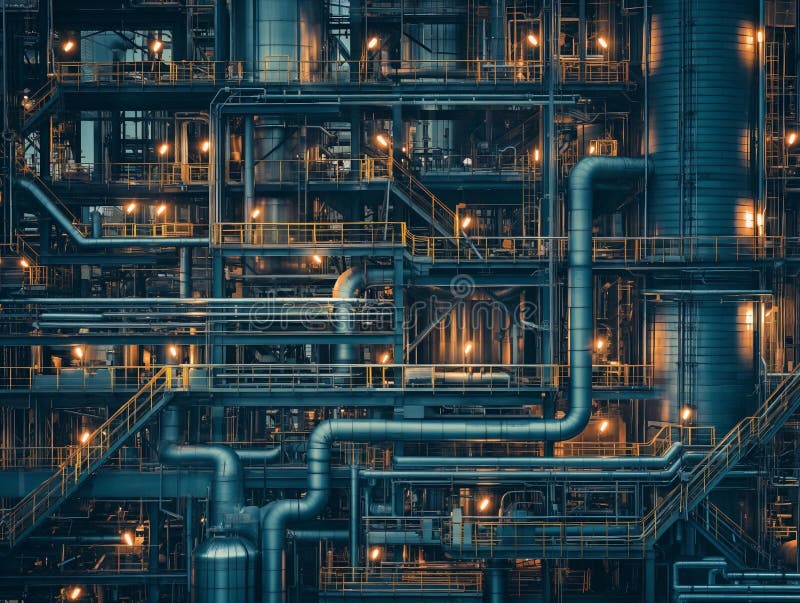 Industrial Maze at Twilight Stock Photo - Image of metal, illumination ...