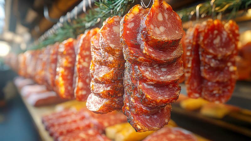 Industrial Meat Curing Facility with Rows of Hanging Sausages ...