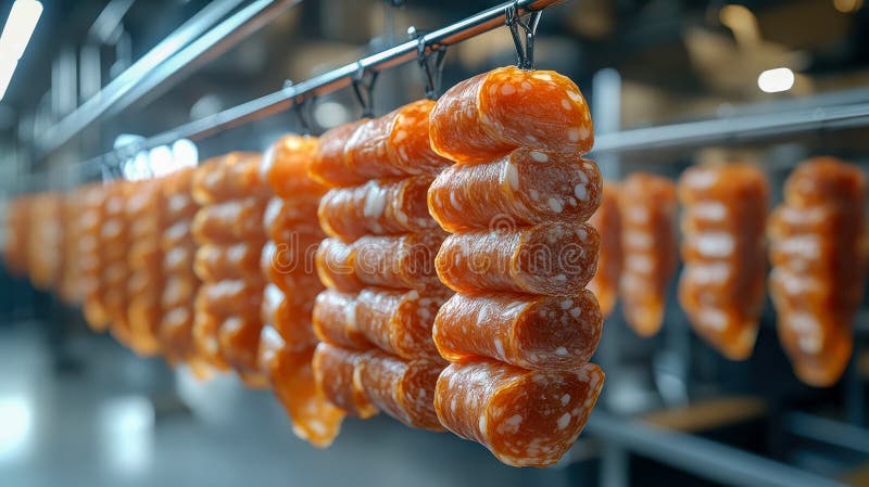 Industrial Meat Curing Facility with Rows of Hanging Sausages ...