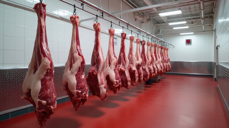 Industrial Meat Processing Facility with Hanging Beef Carcasses in ...