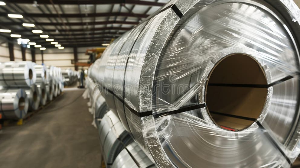 Industrial Metal Coils Wrapped in Plastic Packaging in Warehouse Stock ...
