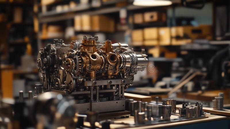 Industrial Metal Engine Model on Workbench in Mechanical Workshop Stock ...