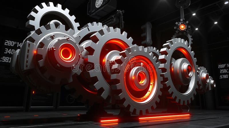 Industrial Metal Gears with LED Lights Background, Dark Mechanical Cogs ...