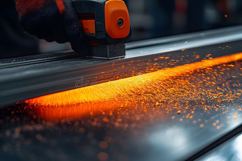 Industrial Metal Grinding Process with Sparks in Workshop Setting ...