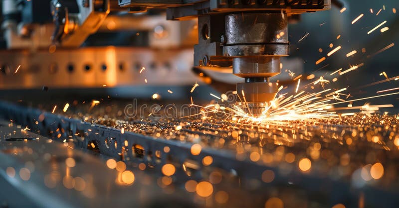 Industrial Metal Laser Cutting Process with Sparks Flying. Concept of ...
