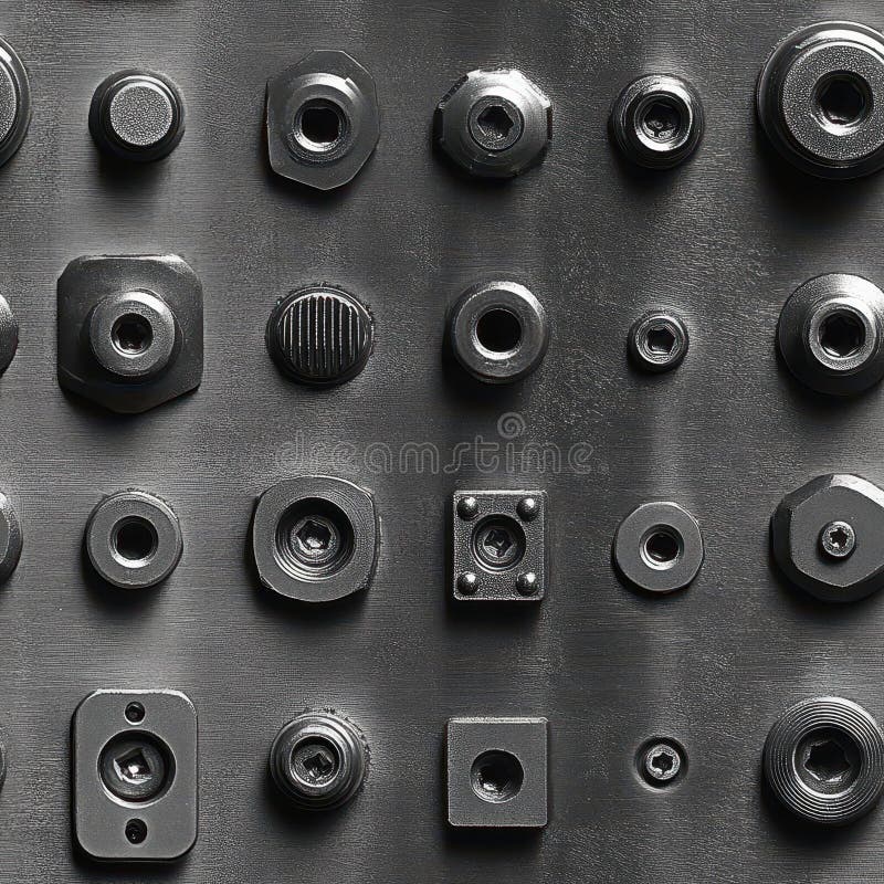 Industrial Metallic Bolts and Fasteners Arranged in a Grid Pattern ...