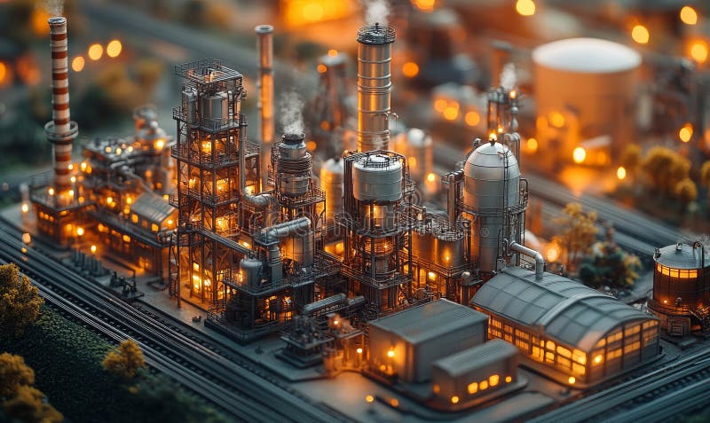 Industrial Miniature Model with Glowing Lights at Twilight Stock Image ...