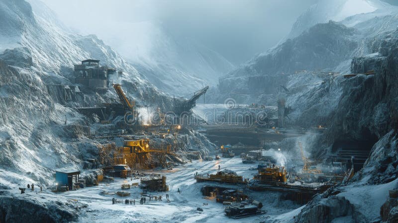 Industrial Mining Facility in Snowy Mountain Valley Stock Illustration ...