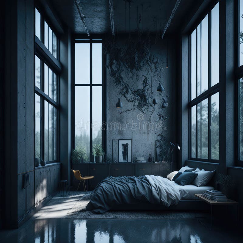 Industrial Modern Concrete Bedroom Design, Large Panoramic Window with ...