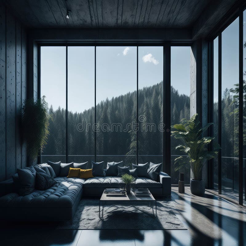 Industrial Modern Concrete Living Room Design, Large Panoramic Window ...