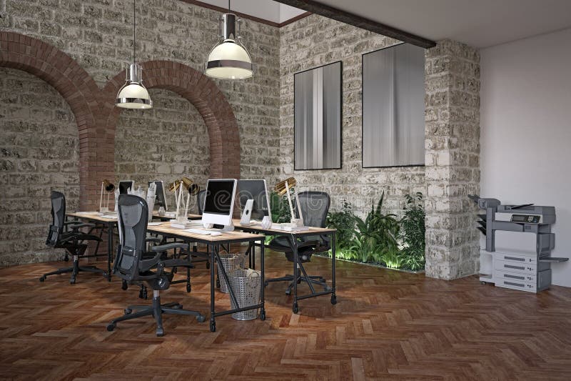 Industrial Office with Brick Walls and Modern Decor Stock Illustration ...