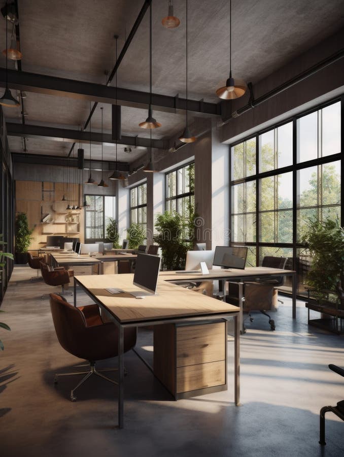 Industrial Office with Large Windows and Desks Stock Illustration ...