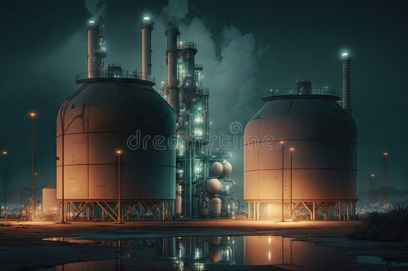 Industrial Oil Processing of Tanks at Night at Refinery Complex Stock ...