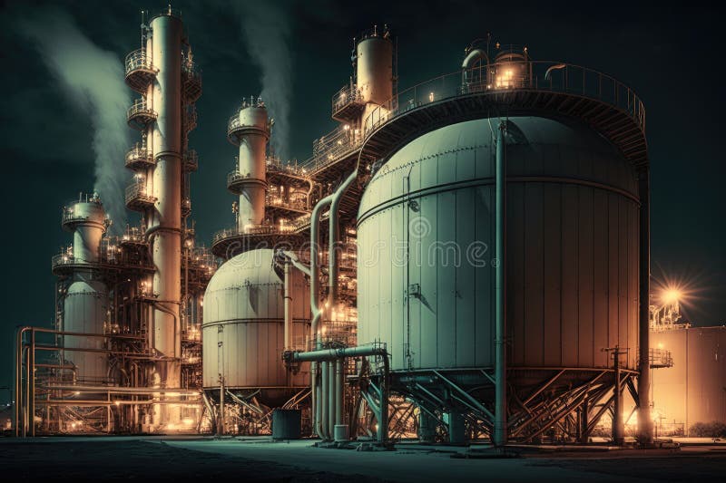 Industrial Oil Processing of Tanks at Night at Refinery Complex Stock ...