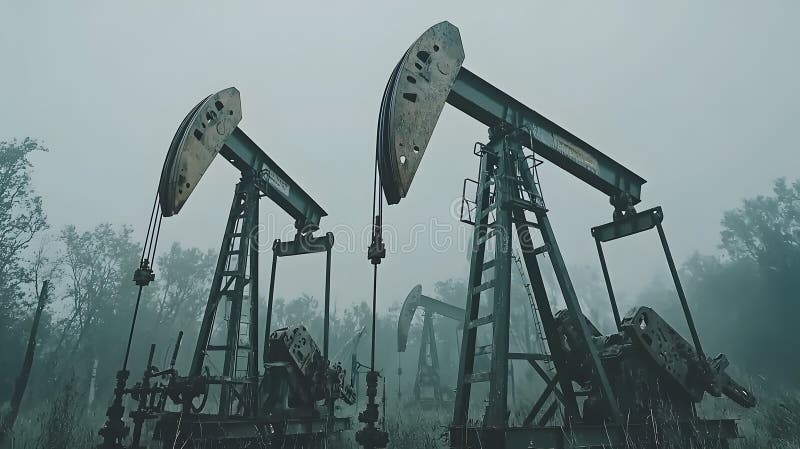 Industrial Oil Pumps in a Misty Landscape Stock Image - Image of land ...