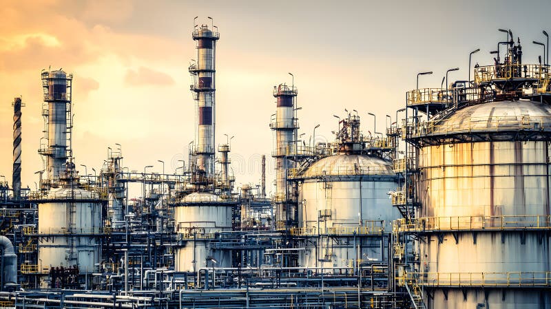 Industrial Oil Refinery Against a Sunset Backdrop Stock Illustration ...