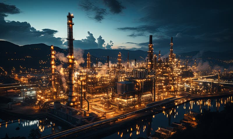 Industrial Oil Refinery Illuminated at Night Stock Photo - Image of ...