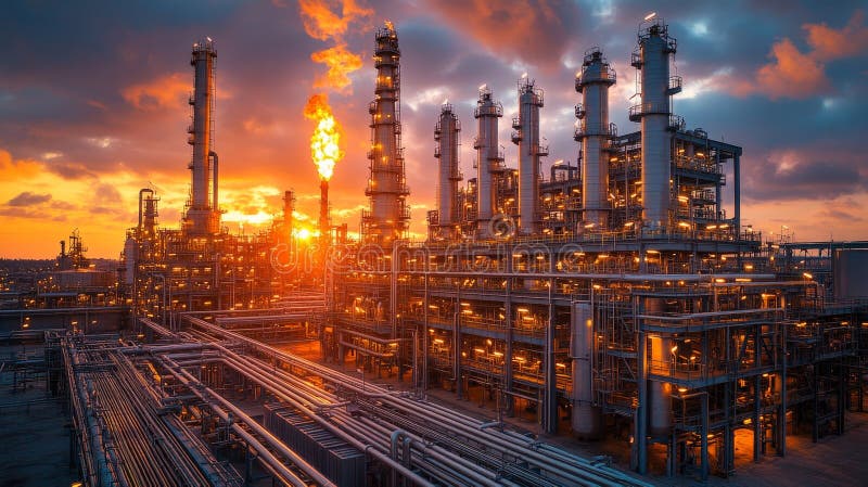 Industrial Oil Refinery with Large Storage Tanks and Flare Stack on a ...