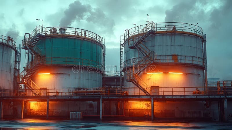 Industrial Oil Refinery with Large Storage Tanks and Flare Stack on a ...