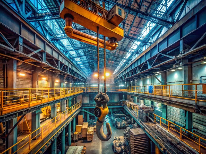 Industrial Overhead Crane Hook in Steel Workshop a Powerful Engineering Solution for Material ...