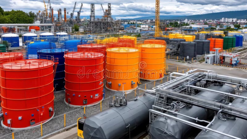 Industrial Panorama: Storage Tanks, Pipelines, Processing Facilities ...