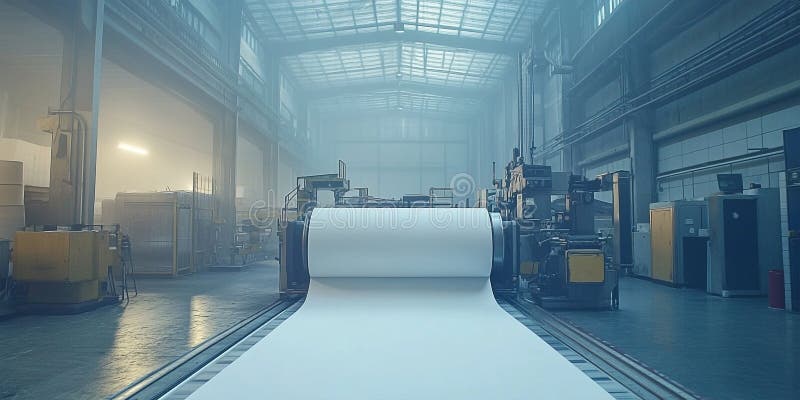 Industrial Paper Manufacturing Process with a Large Roll of White Paper ...