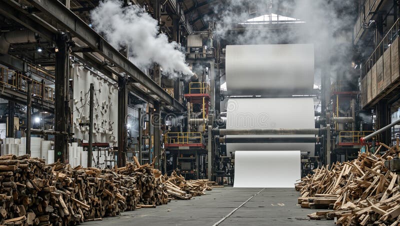 Industrial Paper Mill with Processing Machines Rolls of Paper Steam and ...