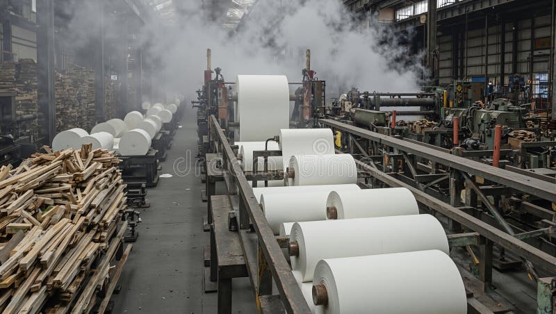 Industrial Paper Mill with Processing Machines Rolls of Paper Steam and ...