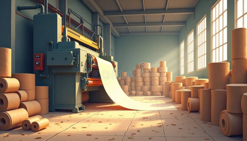 Industrial Paper Mill Transforms Wood Pulp into Paper Rolls. Large ...