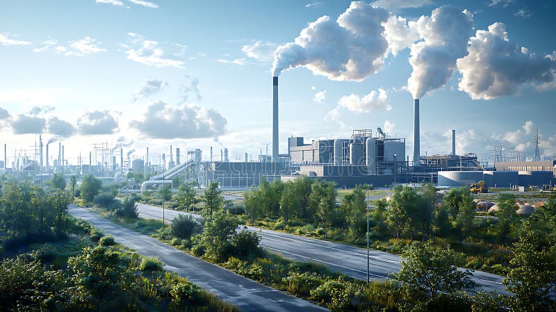 Industrial Park with Waste To Energy Site, Smoke Stacks, and Greenery ...