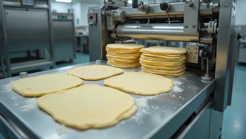 Industrial Pastry Machine Flattening and Cutting Dough with Robotic ...
