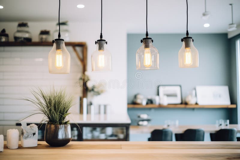 Industrial Pendant Lights Over a Dining Table Stock Image - Image of ...