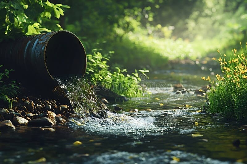 Rusty Pipe Pouring Wastewater into Clean River in Forest Stock Photo ...