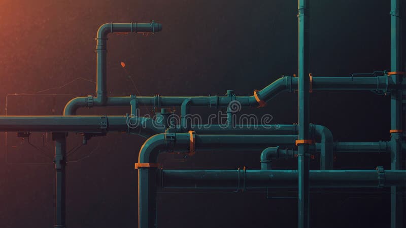 Industrial Pipe System with Complex Network of Tubes and Valves in Dim ...