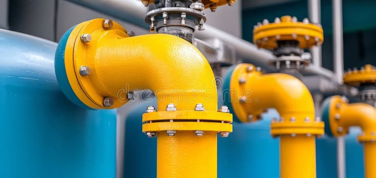 Industrial Pipe System Featuring a Vibrant Yellow Elbow Joint and Blue ...