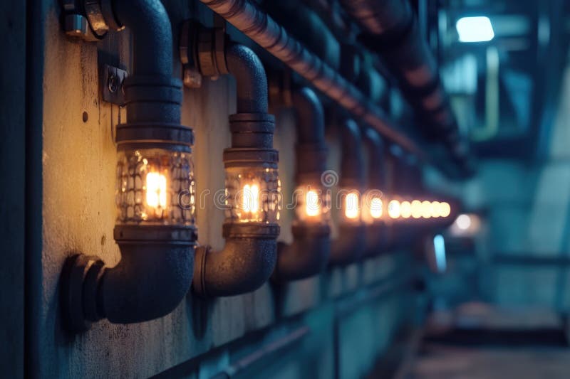 Industrial Pipe System with Glowing Lights in a Dimly Lit Setting Stock ...