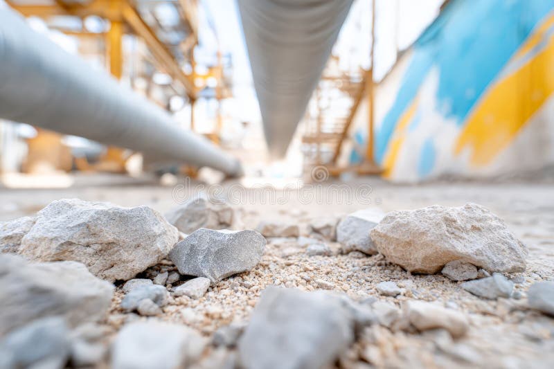 Industrial Pipeline Construction with Rocks on Sandy Surface Stock ...