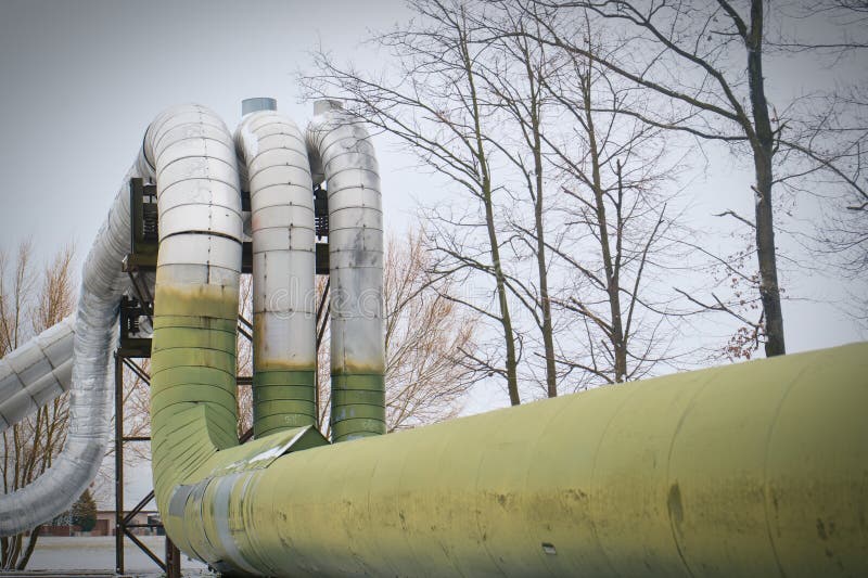 Industrial Pipeline Network with Curved Pipes in Winter Stock Image ...
