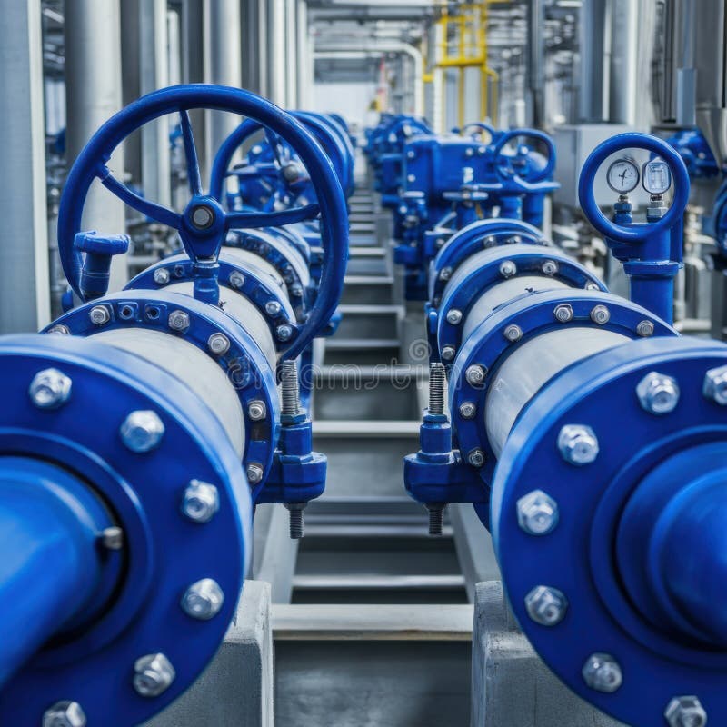 Industrial Pipeline System with Blue Valves and Gauges in a Modern ...