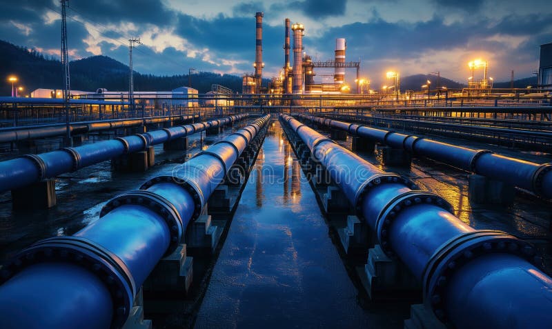 Industrial Pipeline System at Dusk with Illuminated Factory and Cloudy ...